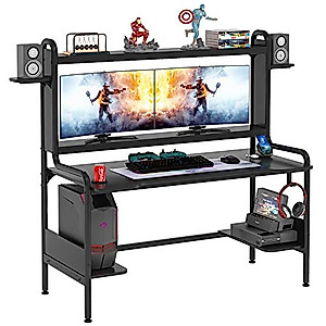 TIYASE Gaming Desk with Monitor Stand, 55 Inch Gaming Computer Desk with Hutch and Storage Shelves, Large PC Gamer Desk Workstation Gaming Table with Cup Holder, Headphone Hook, Speak Stands, Black