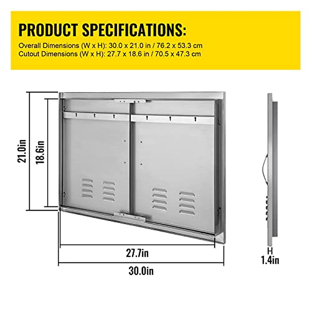 Mophorn Outdoor Kitchen Doors, 30W x 21H Inch, 304 Stainless Steel Double Doors with Vents, BBQ Access Door with 2 Detachable Handles and 6 Hooks, for BBQ Island