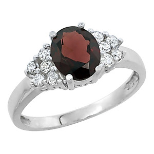 10K White Gold Natural Garnet Ring Oval 8x6mm Diamond Accent, size 10