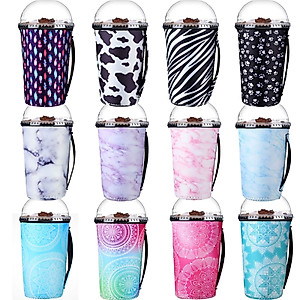Boao 12 Pieces Reusable Iced Coffee Cup Sleeve Insulator Neoprene Beverages Cup Cover Holder for Tumbler Cup Hot Cold Drinks, with Handle(32 Ounce (pack of 1), Vintage Style)