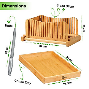 OMDS Luxury Bamboo Bread Slicer with Knife - 3 Slice Thickness, Foldable Compact Cutting Guide with Crumb Tray, Stainless Steel Bread Knife for Homemade Bread, Cake