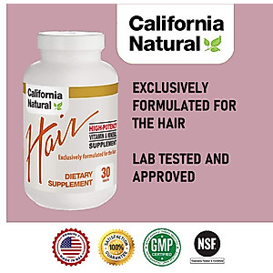 High Potency Hair Vitamin & Mineral Supplement with Biotin - California Natural - Promotes Healthy, Longer and Stronger Hair. - 30 Tablets (Pills)