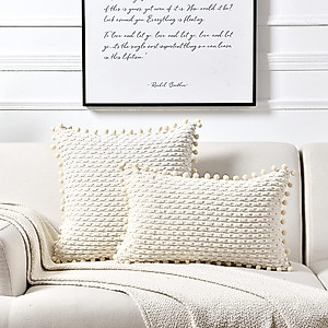 Fancy Homi Set of 2 Boho Cream Decorative Throw Pillow Covers 18x18 Inch with Pom-poms for Couch Bed Sofa, Modern Farmhouse Home Decor, Soft Plush Corduroy Cute Cushion Case 45x45 cm