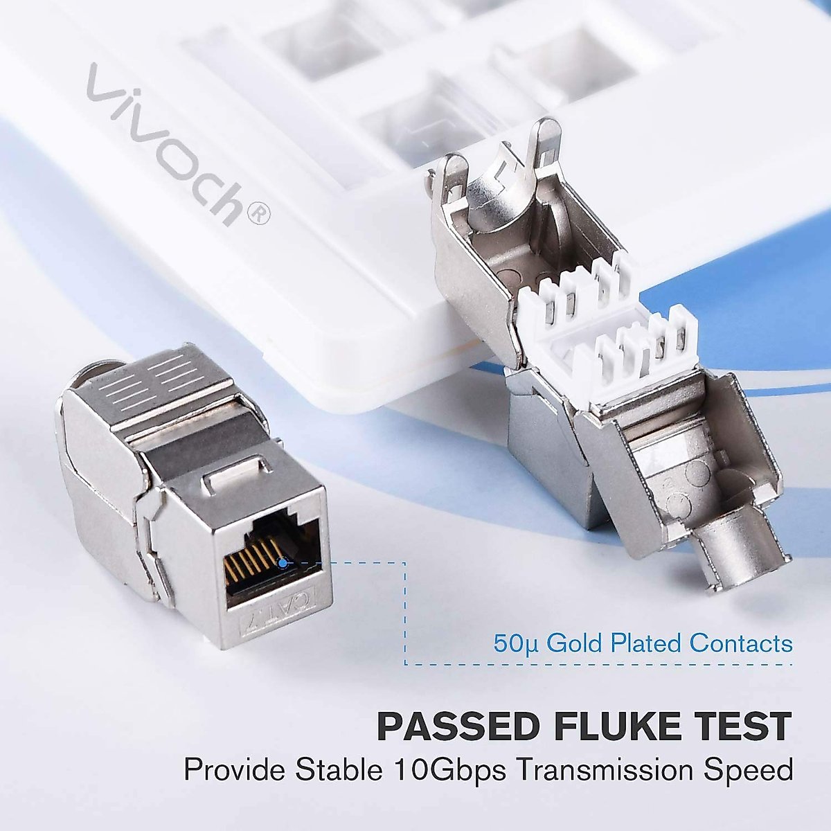 10 Pcs Cat7 Keystone Jack, Cat7 RJ45 FTP Tool-Less Type Zinc Alloy Module Shielded Keystone Jack Adapter 10 Gigabit Modular Jack