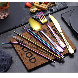 HOMQUEN Portable Utensils,Travel Camping Flatware Set,Stainless Steel Silverware Set,Include Knive/Fork/Spoon/Chopsticks/Straws/Brush/Portable Case(Colorful-8 Piece)