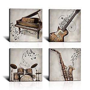 KLVOS 4 Panel Music Wall Art Guitar Piano Saxophone and Drum Set Canvas Prints Vintage Artwork Gift for Music Lover Fashion Music Room Wall Decor Modern Home decor Ready to Hang 12x12inchx4pcs