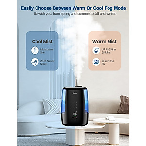 Ultrasonic Cool and Warm Mist Humidifier,Grelife Smart Humidifiers with 5L Removeable Water Tank&Remote,Essential Oil Diffuse,360° Nozzle,Auto ShutOff,Up to 50 Hours Super Quiet for Bedroom&Large Room