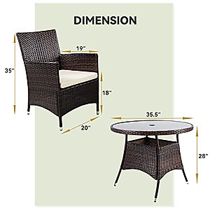 SUNCROWN 5 Piece Outdoor Dining Set All-Weather Wicker Patio Dining Table and Chairs with Cushions, Tempered Glass Tabletop with 9 FT Patio Umbrella for Patio Backyard Porch Garden Poolside, Round