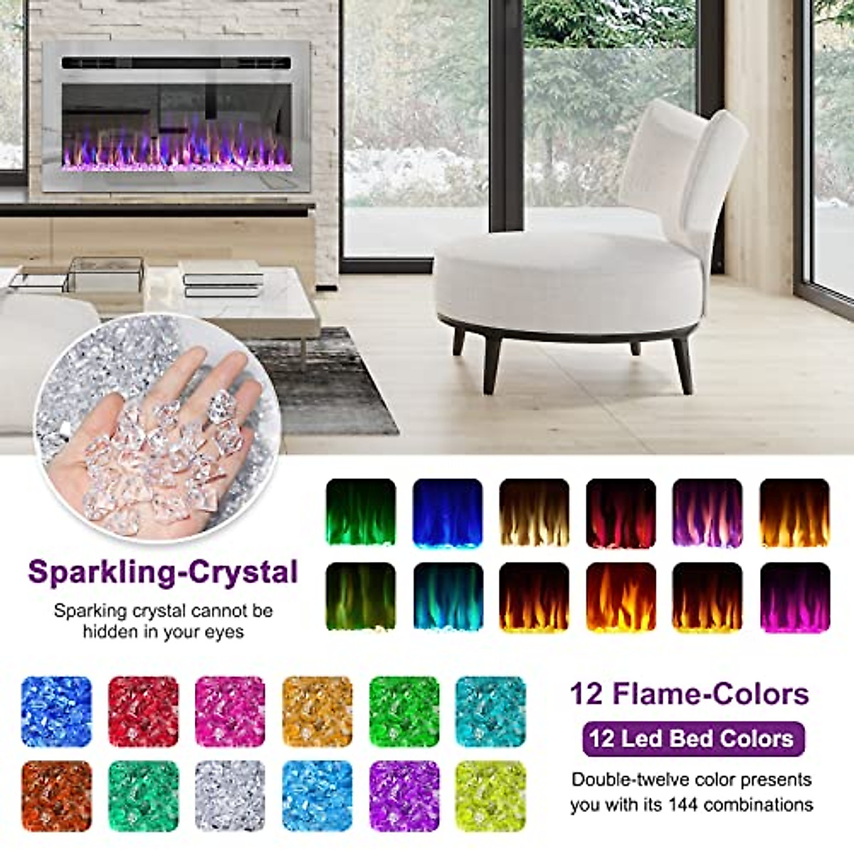 Ooiior 31 Inch Electric Fireplace with Remote Control, Recessed and Wall Mounted Ultra-Thin Fireplace Heater and Linear Fireplace, with Timer, Adjustable Flame Color, 750/1500W