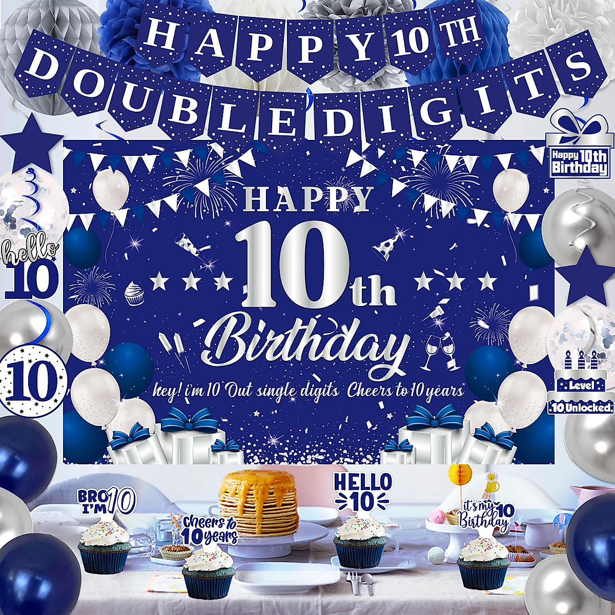 10th Birthday Decorations for Boys Girls, Blue Silver Happy 10th Double Digits Party Decorations, Happy 10th Birthday Backdrop, Banner, Balloon, Hanging Swirl, Birthday Card, Cake Topper, Pompom 57pcs