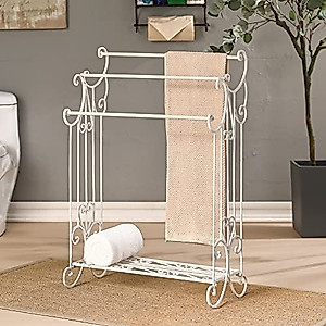 Wenbery White Free Standing Towel Rack for Bathroom, Standing Towel Rack with 3 Tiered Bars and Storage Shelf, Flower Leaves Floor Towel Rack