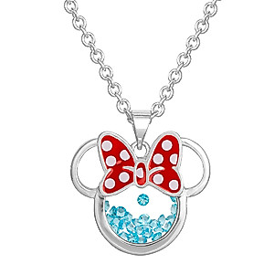 Disney Birthstone Women and Girls Jewelry Minnie Mouse Silver Plated March Aquamarine Light Blue Cubic Zirconia Shaker Pendant Necklace, 18+2" Extender