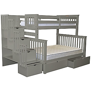 Bedz King Stairway Bunk Beds Twin over Full with 4 Drawers in the Steps and 2 Under Bed Drawers, Gray