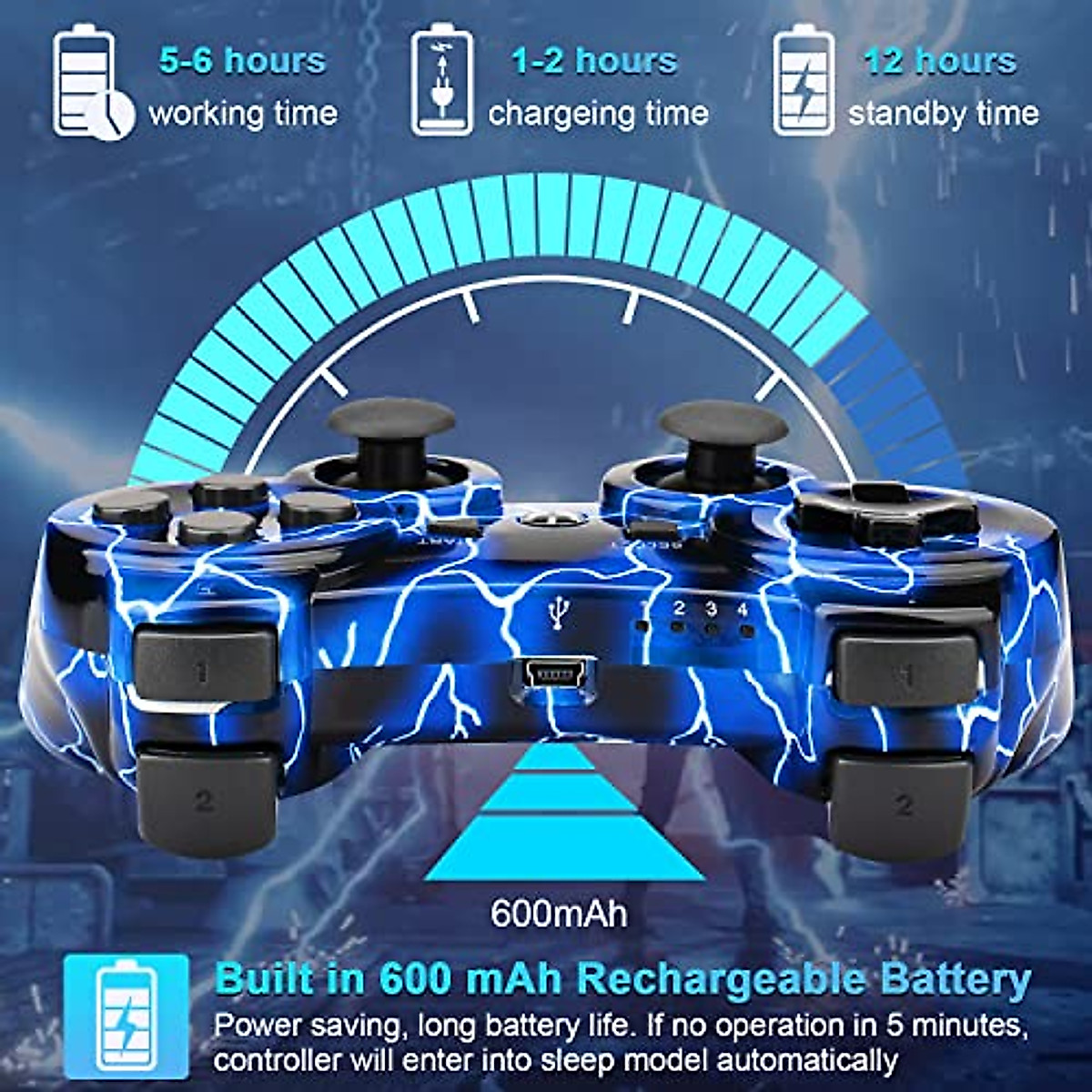 Blue Wireless Remote Works for PS3 Controller, OUBNAG Gamepad for PS3 Controllers Compatible with Playstation 3 Controller, Cool Lightning Pa3 Controller Gift for Kids Boy Girl Man Lightning Blue