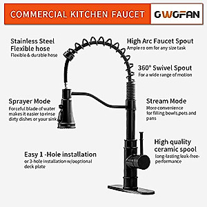 OWOFAN Kitchen Faucets with Pull Down Sprayer Solid Brass Matte Black Industrial Single Handle One Hole Or 3 Hole Faucet for Farmhouse Camper Laundry Utility RV Wet Bar Sinks