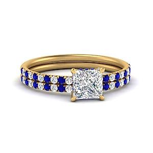 Jewelryonclick Princess Cut Hidden Halo Wedding Rings Yellow Gold Plated Created Blue Sapphire Princess Shape Blue Color Wedding Ring Sets Halo Setting in Size 7 Fashion Jewelry