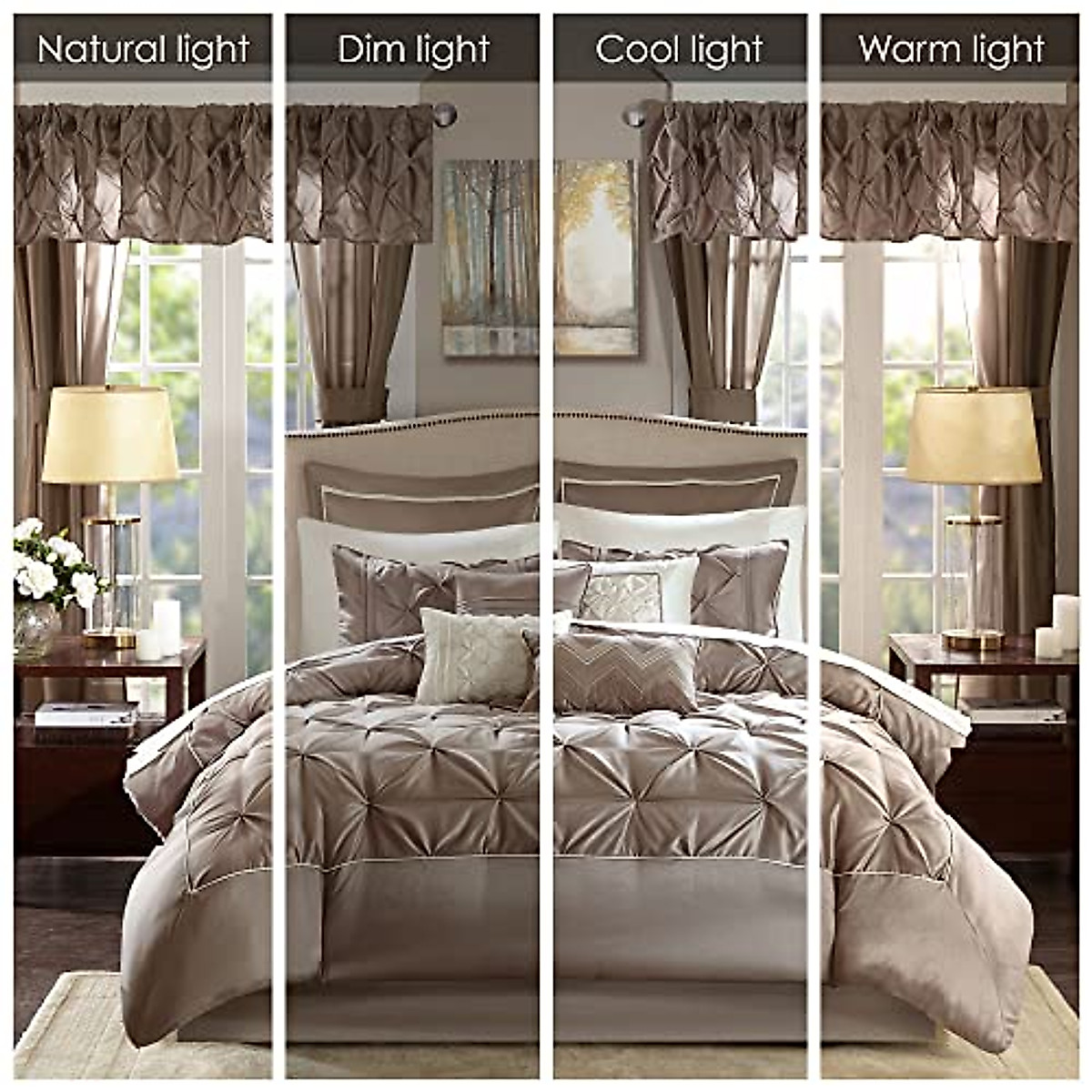 Madison Park Essentials Room in a Bag Faux Silk Comforter Set - Luxe Diamond Tufting All Season Bedding, Matching Curtains, Decorative Pillows, Taupe Queen(90"x90") 24 Piece