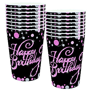 50th Birthday Pink Gold Party Supplies, Disposable Tableware for 16 Guest, Include 7” Paper Plates,9” Plates, Banner, 12 oz Cups, Napkins, Tablecloth, Cutlery…