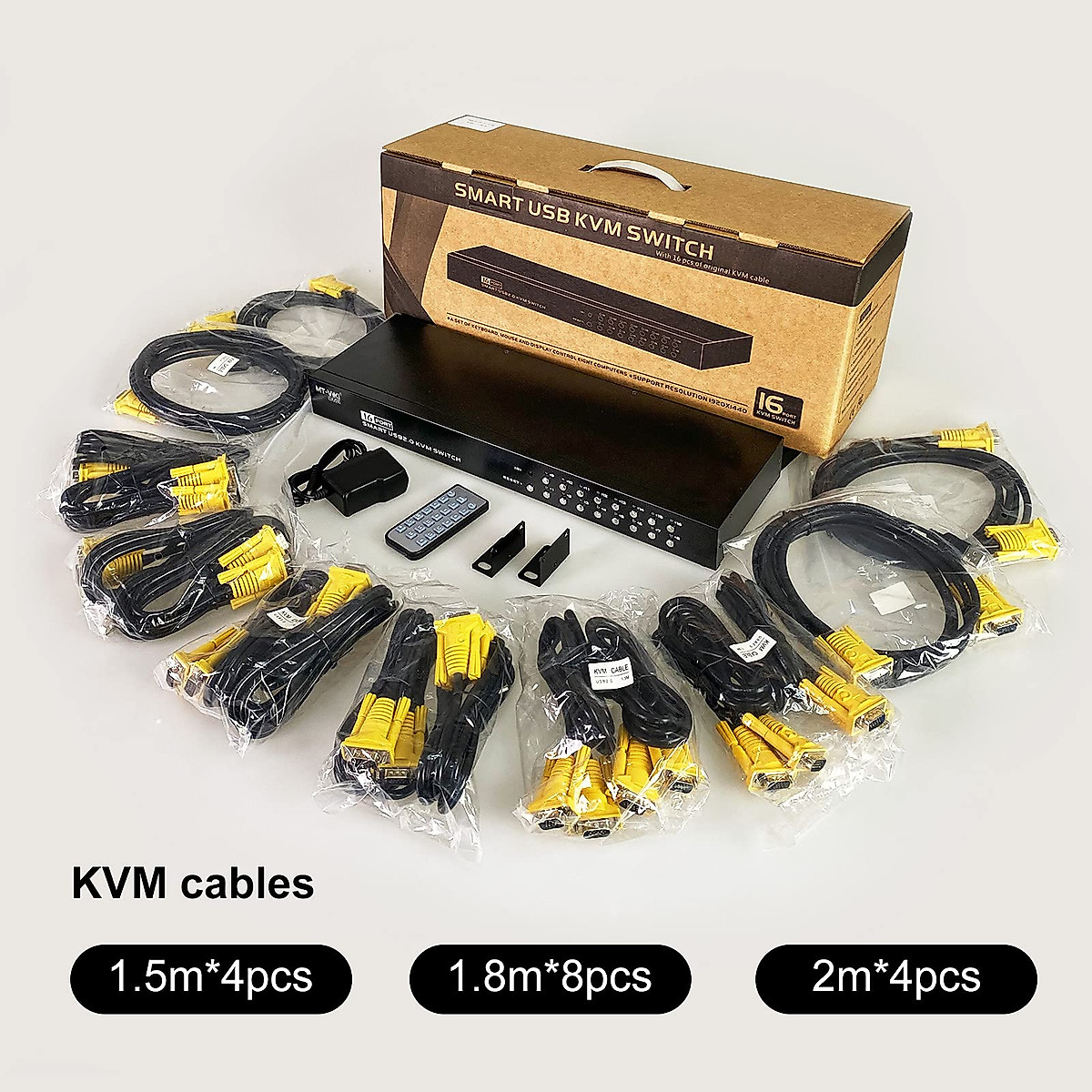 MT-VIKI 16 Port KVM Switch, 16X1 Rackmount KVM Switch VGA, Included 16 KVM Cables & IR Remote, Fit 1U 19'' Rack