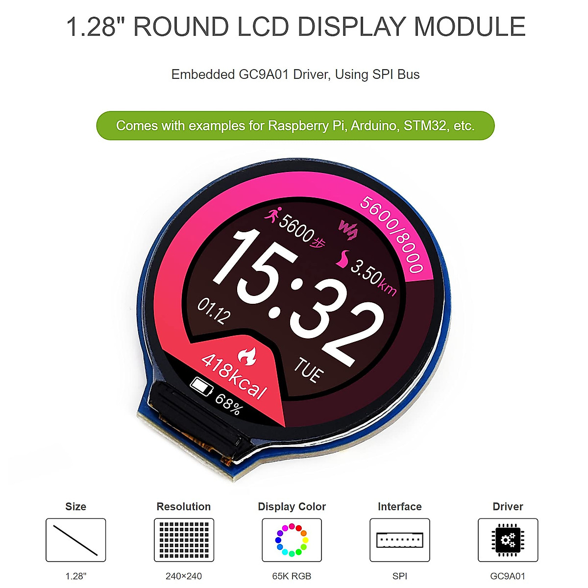 waveshare 1.28 inch Round LCD Display for Arduino/Jetson Nano/Raspberry Pi/STM32, 240×240 IPS Screen Monitor 65K RGB Colors, Using SPI Bus, Embedded GC9A01 Driver