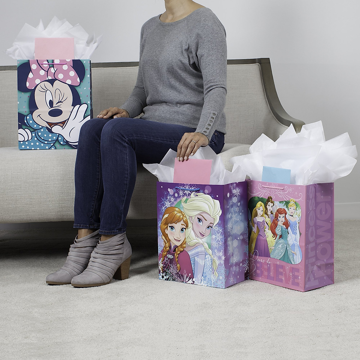 Hallmark 13" Large Disney Gift Bag Bundle (Pack of 3: Minnie Mouse, Princesses and Frozen) for Birthdays, Kids Parties or Any Occasion