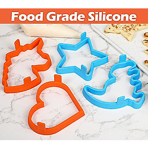 Kamehame Silicone Pancake Molds for Heart, Star, Dinosaur, Unicorn Shape Pancakes, 4 Pack Nonstick Pancake Shaper for kids, Fun Cake Ring Mold for Griddle Cooking