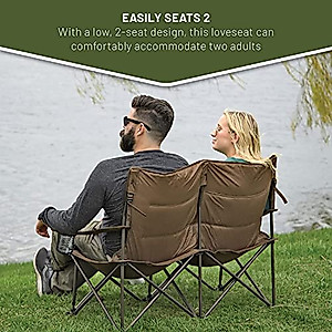 TIMBER RIDGE 2 Person Folding Loveseat Comfortable Double Foldable Camping Chair Folding Lawn Chairs for Outside, Earth Brown