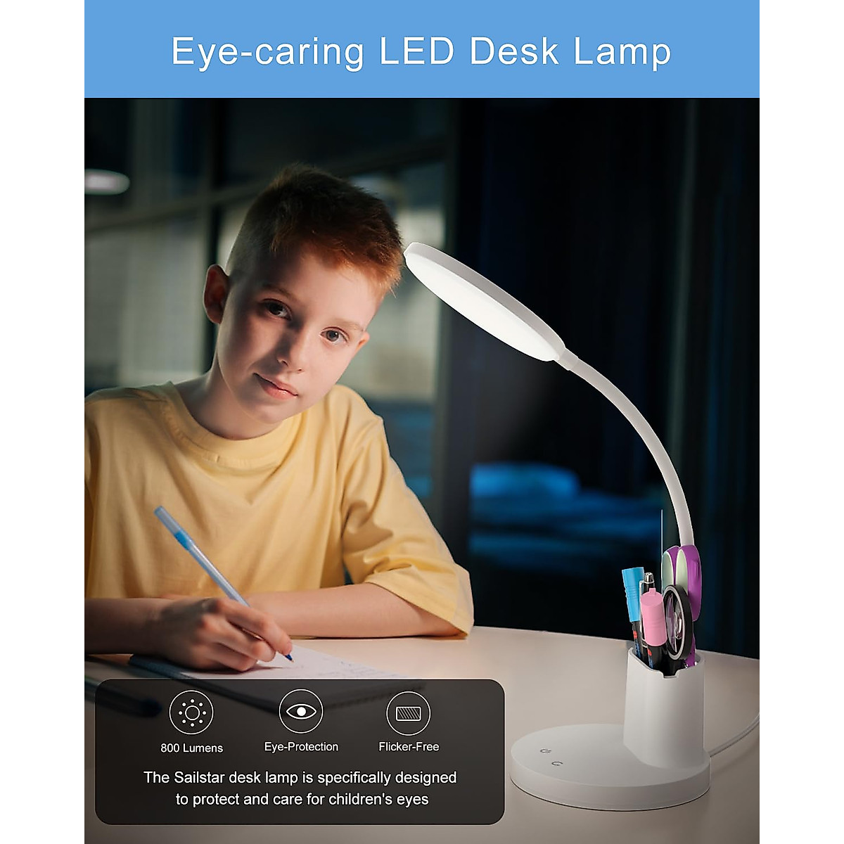 Sailstar Small Desk Lamp, LED Desk Lamps for Home Office, Eye-Caring Study Desk Light for Kids, Touch, 3 Lighting Modes, Adjust Brightness, 800LM, 360°Gooseneck Desk Lamp for College Dorm Room, White