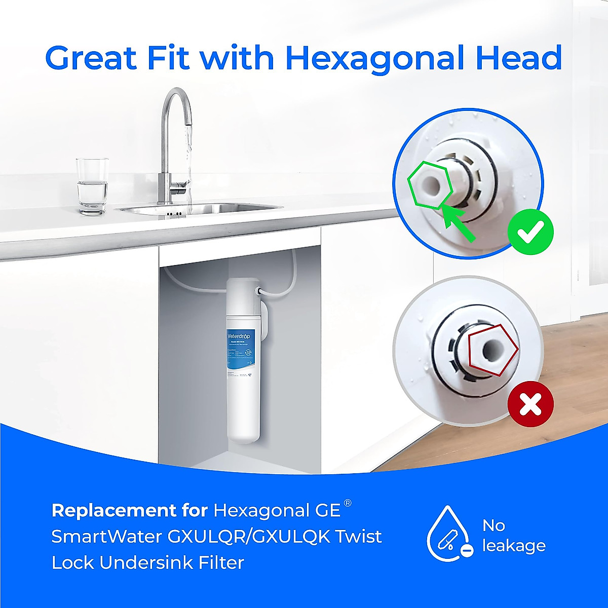 Waterdrop GXULQR Under Sink Replacement Filter, Replacement for Hexagonal Head GE SmartWater GXULQR, GXULQK and GXK140TNN, 2K Gallons (Pack of 2)