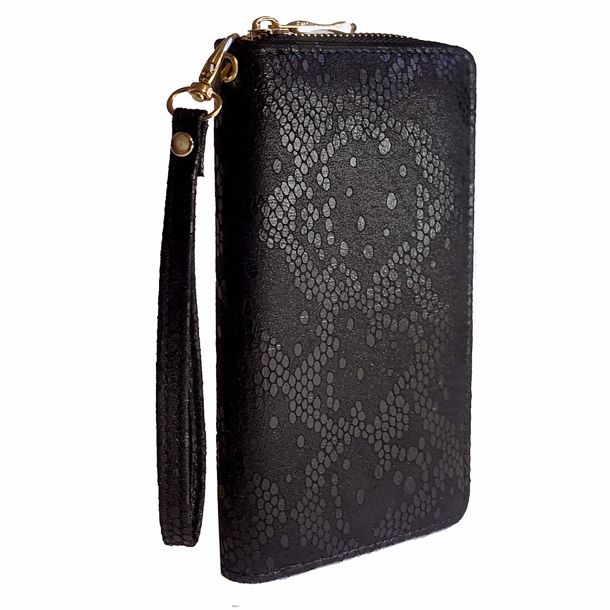 Kollie More Women Wristlet Wallet PU Leather Zipper Purse Long Clutch Travel Hand Pouch Credit Card Holder Organizer (Metallic Leopard-Black 01)