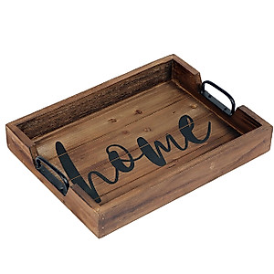 Decorative Tray for Coffee Table Print Design, Rustic Ottoman Tray Dark Brown, Wooden Serving Tray with Metal Handles, Farmhouse Tray Platter for Party, Bathroom, Kitchen, Dining Room