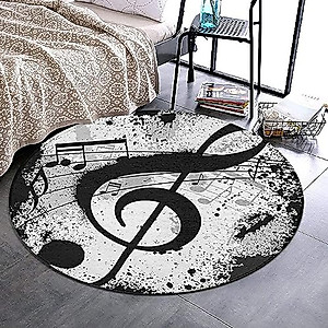 Large Round Area Rug Home Bedroom Decor Mat Modern Non Slip Circular Bathroom Rugs Outside Carpet Compatible with Gunge Black & White Music Notes 24inch(60cm)