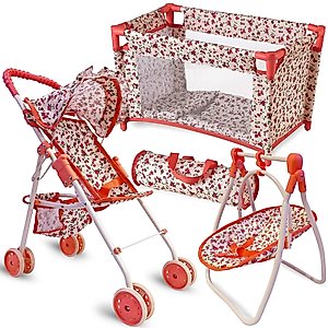 Baby Doll Accessories Set - 3-1 Baby Doll Furniture Set with Baby Doll Stroller, Baby Doll Crib, Baby Doll Swing - Baby Doll Bed Set for 18” Doll - Play Baby Doll Toys for 18" Dolls - Floral