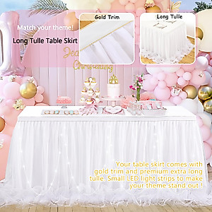 Tulle Table Skirt for Rectangle or Round Tables with LED Lights 9ft White Tutu Table Skirt for Wedding Bridal Shower Birthday Party Decorations