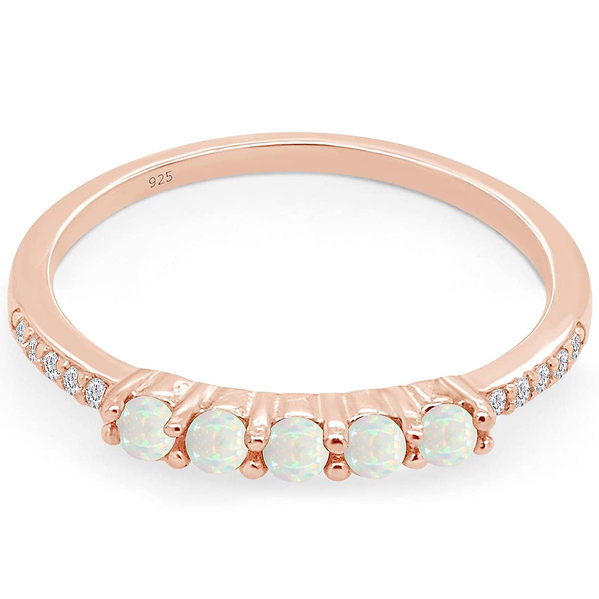 AFFY Five Stone Design, Dainty 14k Rose Gold Plated 925 Sterling Silver Round Cut Created Opal And Cubic Zirconia Stackable Ring Jewelry For Women Size -6