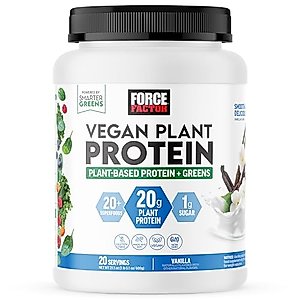 FORCE FACTOR Vegan Plant Protein, Plant-Based Protein + Greens, Greens Powder with 20g Plant Based Protein, Digestive Enzymes, and Fiber, Vanilla Flavor, 20 Servings (Packaging May Vary)