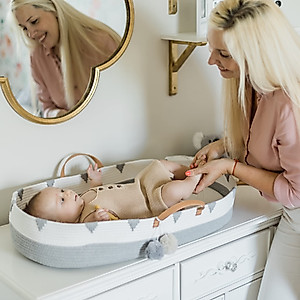 Vesta Baby Woven Cotton Rope Moses Changing Basket Set - Nursery Dresser Table Topper with Soft Foam Pad & 2 Natural Bamboo Waterproof Covers for Easy Diaper Change - Neutral Boho Gray & Beige Décor