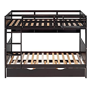 HBRR Twin Over Twin Bunk Bed with Trundle and Bookshelf, Wooden Separable BunkBed Frame for Kids Teens Adults, No Box Spring Needed, Espresso
