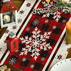 Artoid Mode Buffalo Plaid Snowflakes Christmas Table Runner, Seasonal Winter Kitchen Dining Table Decoration for Home Party Decor 13x72 Inch