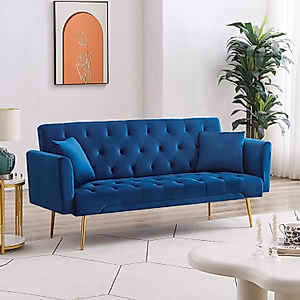 72"Modern Velvet Sofa Bed Futon,Convertible Folding Sleeper Bed Couches with 3 Adjustable Backrests,Tufted Recliner Love Seat with Golden Chrome Legs for Living Room Apartment Office (Navy+pillows)