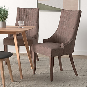 mikibama Linen Dining Chairs Set of 2 Channel Tufted Kitchen Dinner Chair Comfy Fabric Upholstered Accent Chair for Dining Room with Solid Wood Legs (Brown)