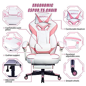 Pink Gaming Chair with Footrest 350LBS Load-Bearing Ergonomic Racing Computer Chair PU Leather with Adjustable Headrest and Lumbar Support for Girls Womens