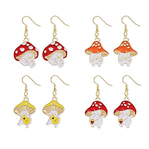 T-ztoss 4 Pairs Gold Fashion Woman Sweet Fresh Handmade Mushroom Drop Dangle earring Chic Charm Colorful Drop Oil Mushroom Food Earrings Cute Funny Plant Shape Ear Pendant Fashion Jewelry Gifts for Women(4 Pairs)