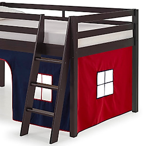 Roxy Pine Twin Junior Loft Bed, Espresso with Blue & Red Tent, Solid Wood Frame, Safety Guardrails, Flexible Ladder Position, Ventilated Playhouse Underneath, Fits Twin Mattress