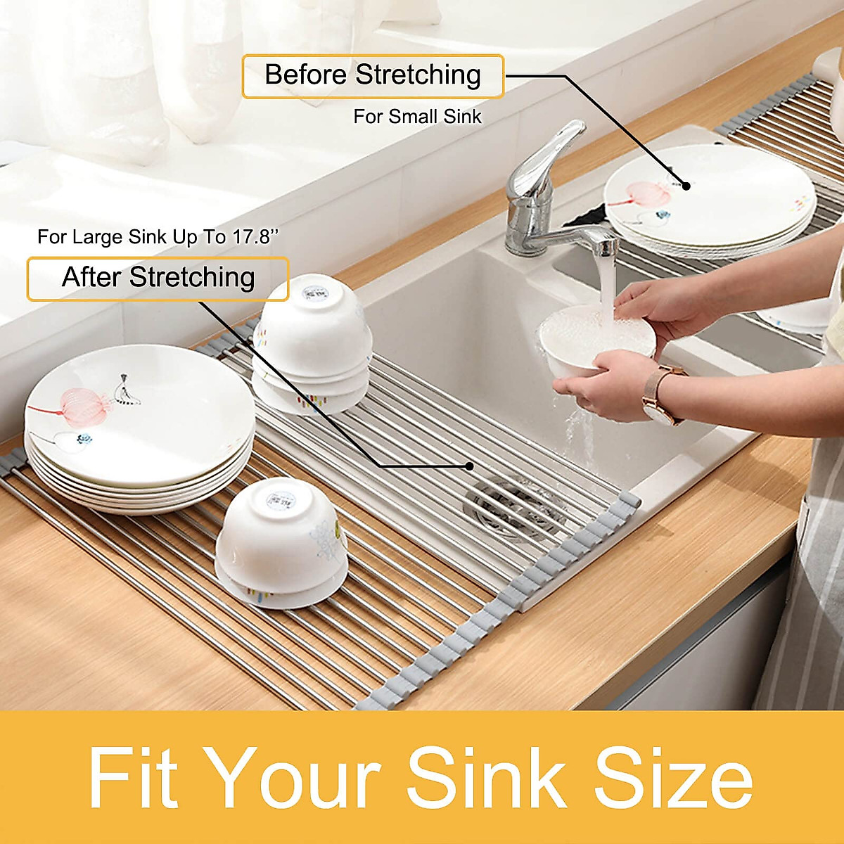 Roll Up Dish Drying Rack Expandable, Foldable Drying Rack Over The Sink for Kitchen, Silicone and Stainless Steel Dish Rack, Adjustable Dish Drainer for Kitchen Counter (19.68" x 12.91")