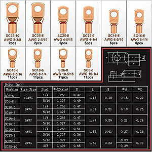 150pcs Battery Cable Ends, Copper Wire Lugs Assortment Kit AWG 2 4 6 8 10 Gauge - 70Pcs Battery Cable Lugs Ring Wire Terminal Connectors and 80Pcs Heat Shrink Tubing Kit for Marine Electrical Supplies
