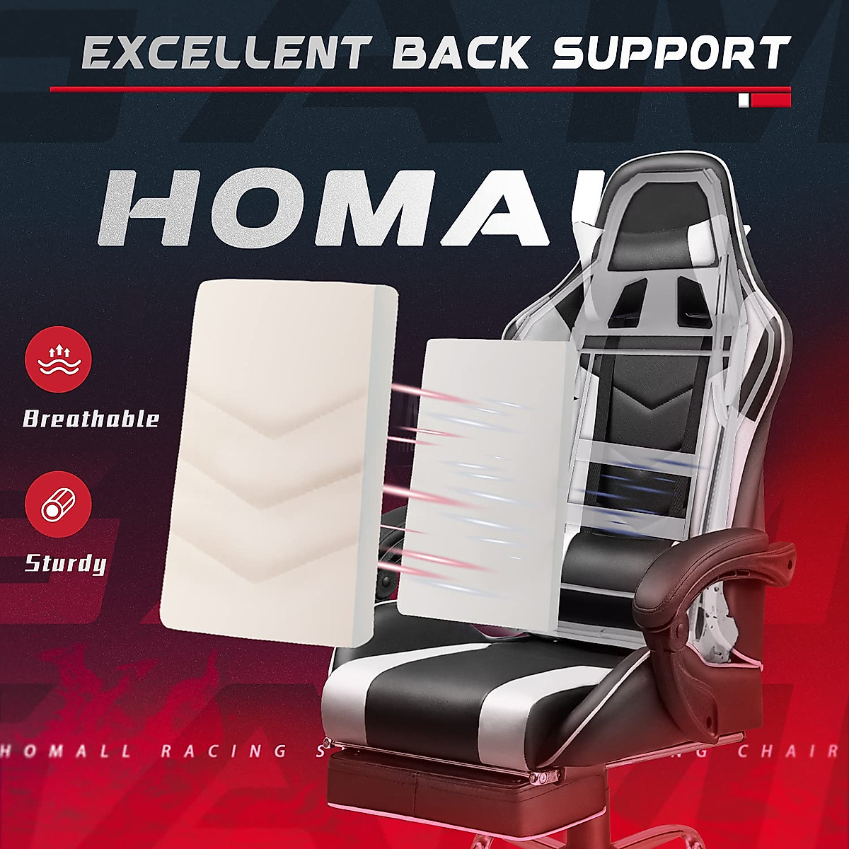 Homall Gaming Chair Computer Chair Racing Style Gaming Chair with Footrest Ergonomic Adjustable Swivel Office Chair High Back Computer Chair with Headrest and Lumbar Support (White)