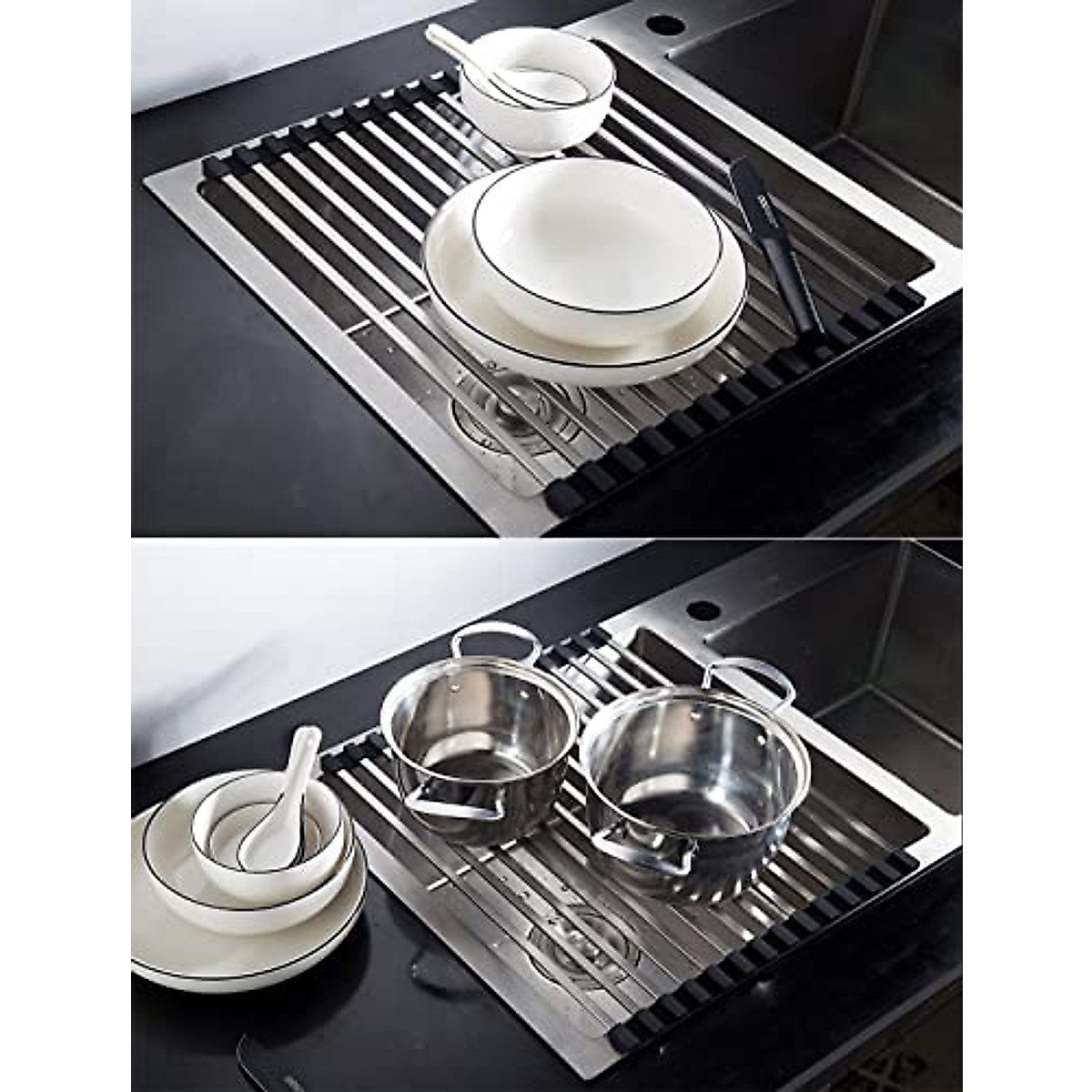 Ahyuan Roll up Dish Drying Rack Over The Sink Dish Drying Rack Square Tubes Dish Rack Over Sink Dish Racks for Kitchen Counter RV Camper Accessories for Travel Trailers (Black, 17.8''Wx13.4''L)