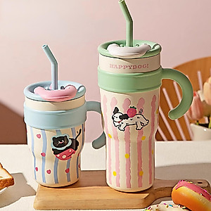 24/40 Oz Cute Dog/Cat Stainless Steel Vacuum Insulated Tumbler with Lid Straw Handle, Cartoon Aesthetic Keep Hot/Iced Spill Proof Coffee Travel Mug (Pink,41 Oz)
