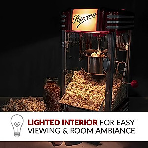 Nostalgia Popcorn Maker, 2.5 Oz Kettle Makes 10 Cups, Retro Classic Popcorn Machine with Interior Light, Measuring Spoons and Scoop, White and Red